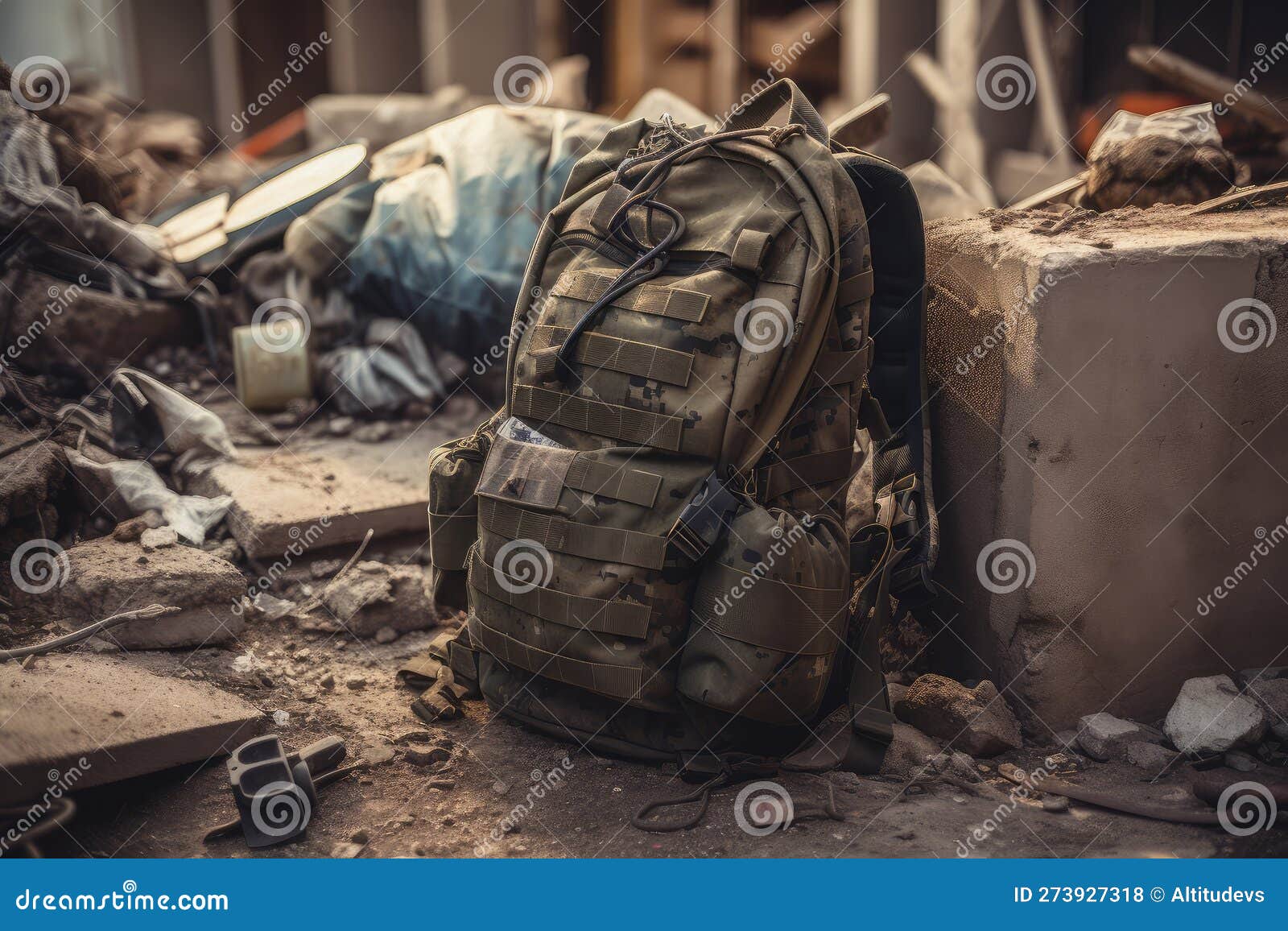 Military Backpack among the Rubble of Destroyed Building, Symbolizing ...