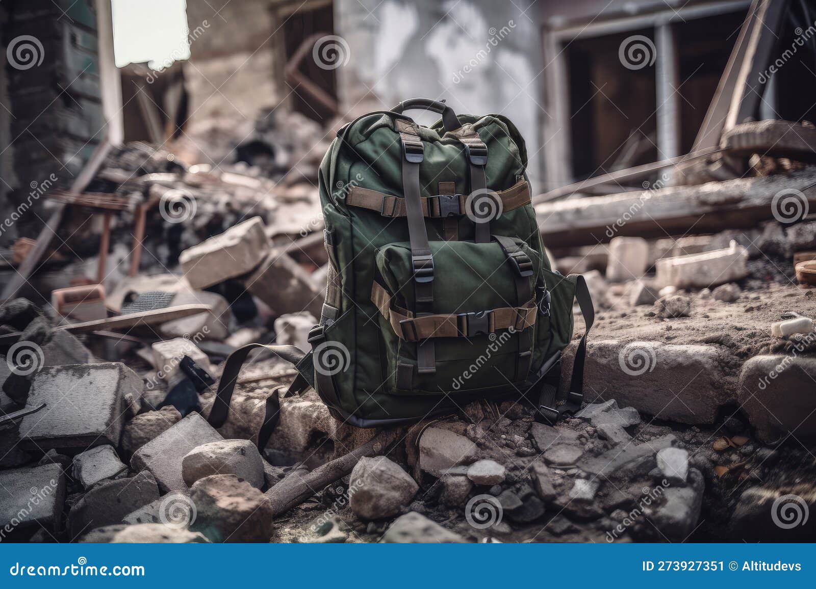 Military Backpack among the Rubble of Destroyed Building, Symbolizing ...