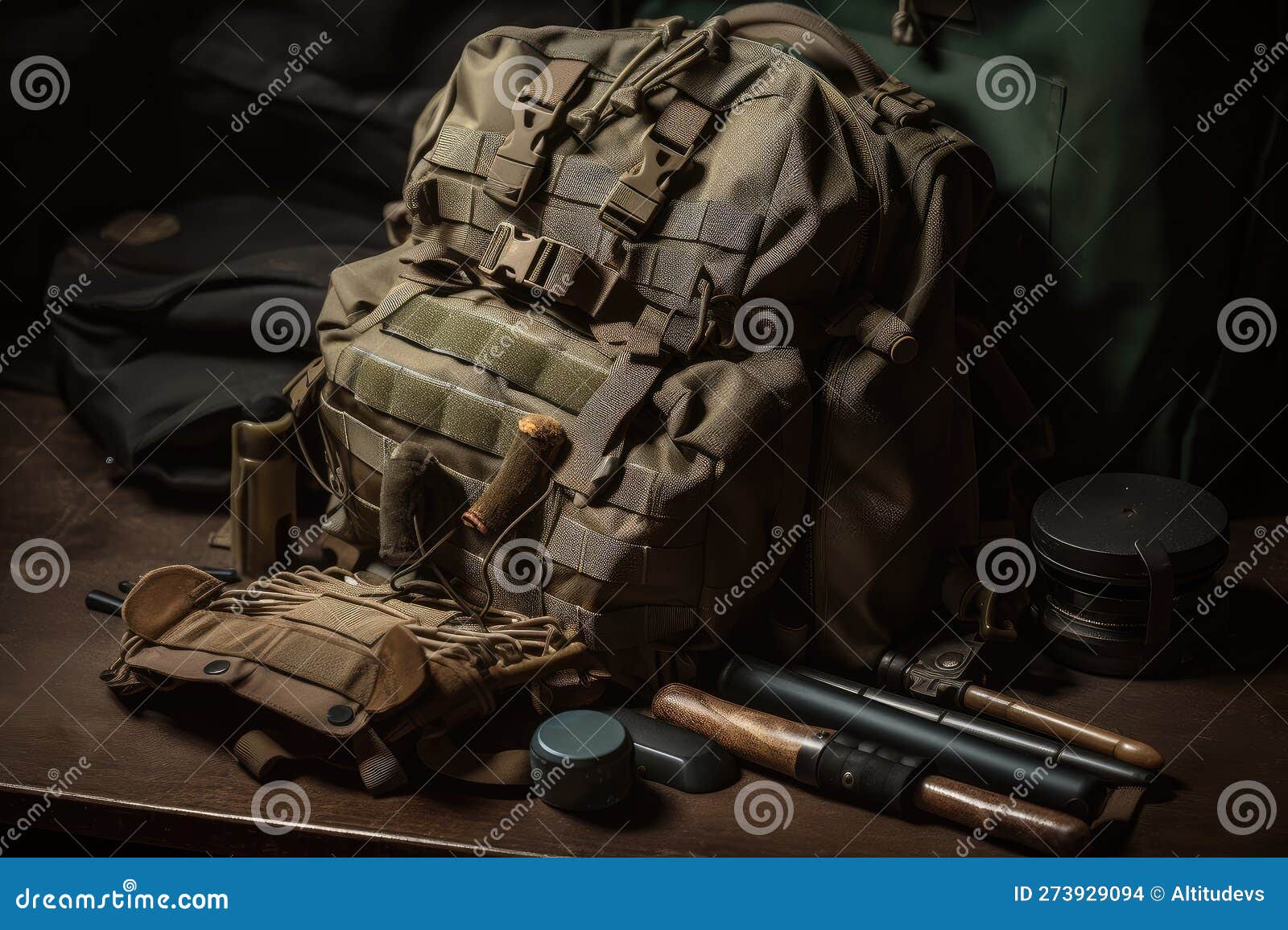 Military Backpack, with Weapons, Ammunition and Tactical Gear Visible ...