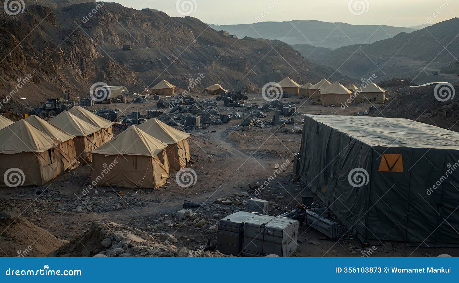 Military Base Surrounded by Rugged Terrain with Tents and Equipment ...
