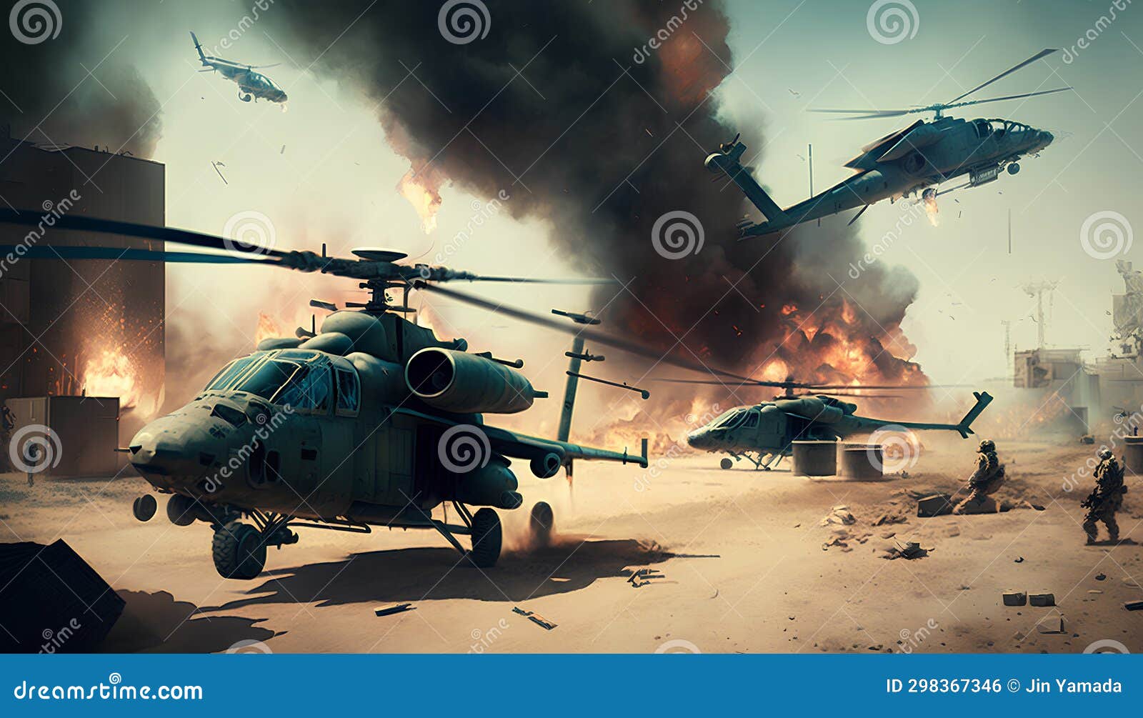 Military Battle Scene with Helicopter in Action. 3D Rendering Stock ...