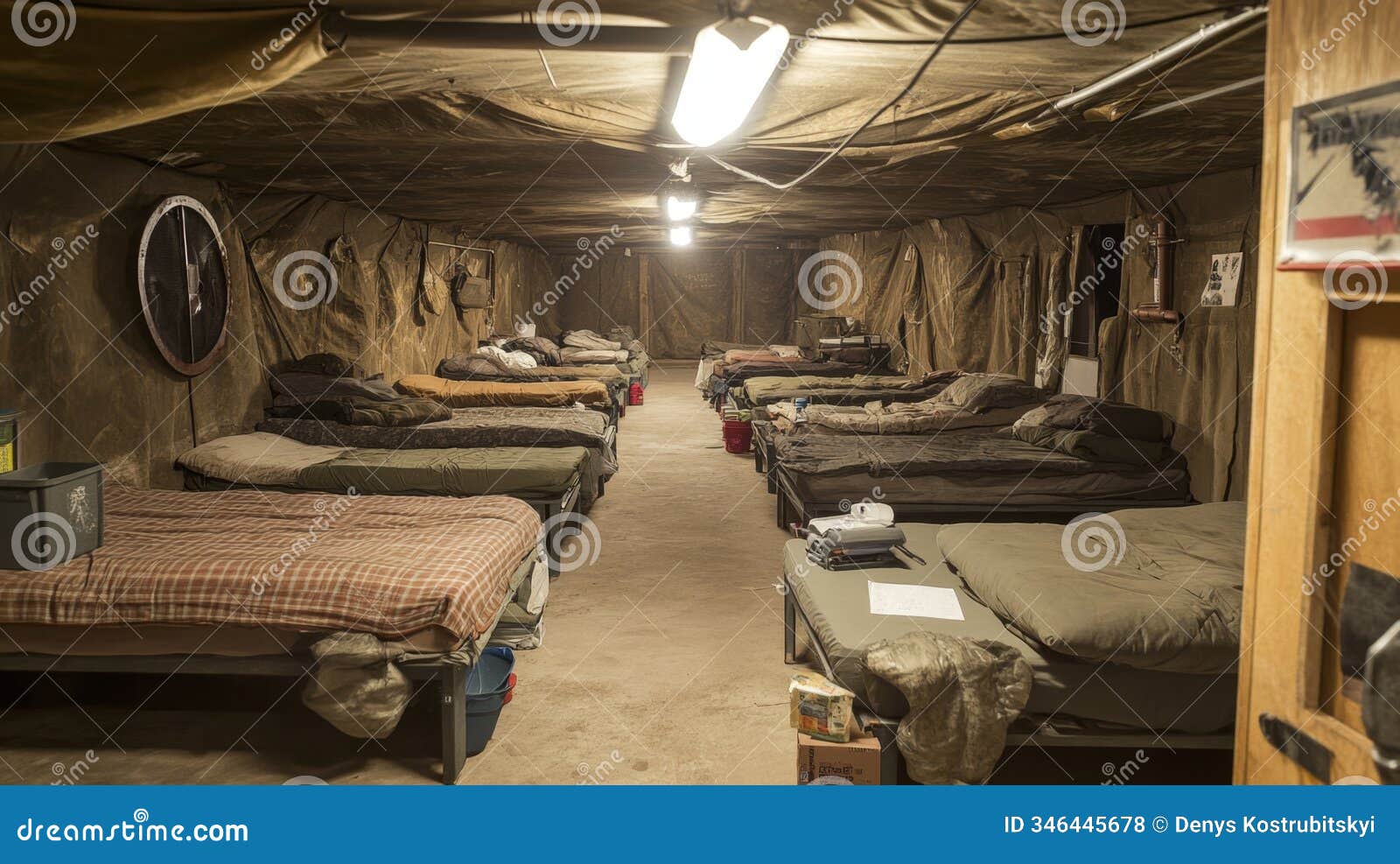 Military Bunker Interior with Rows of Simple Beds and Strategic Design ...