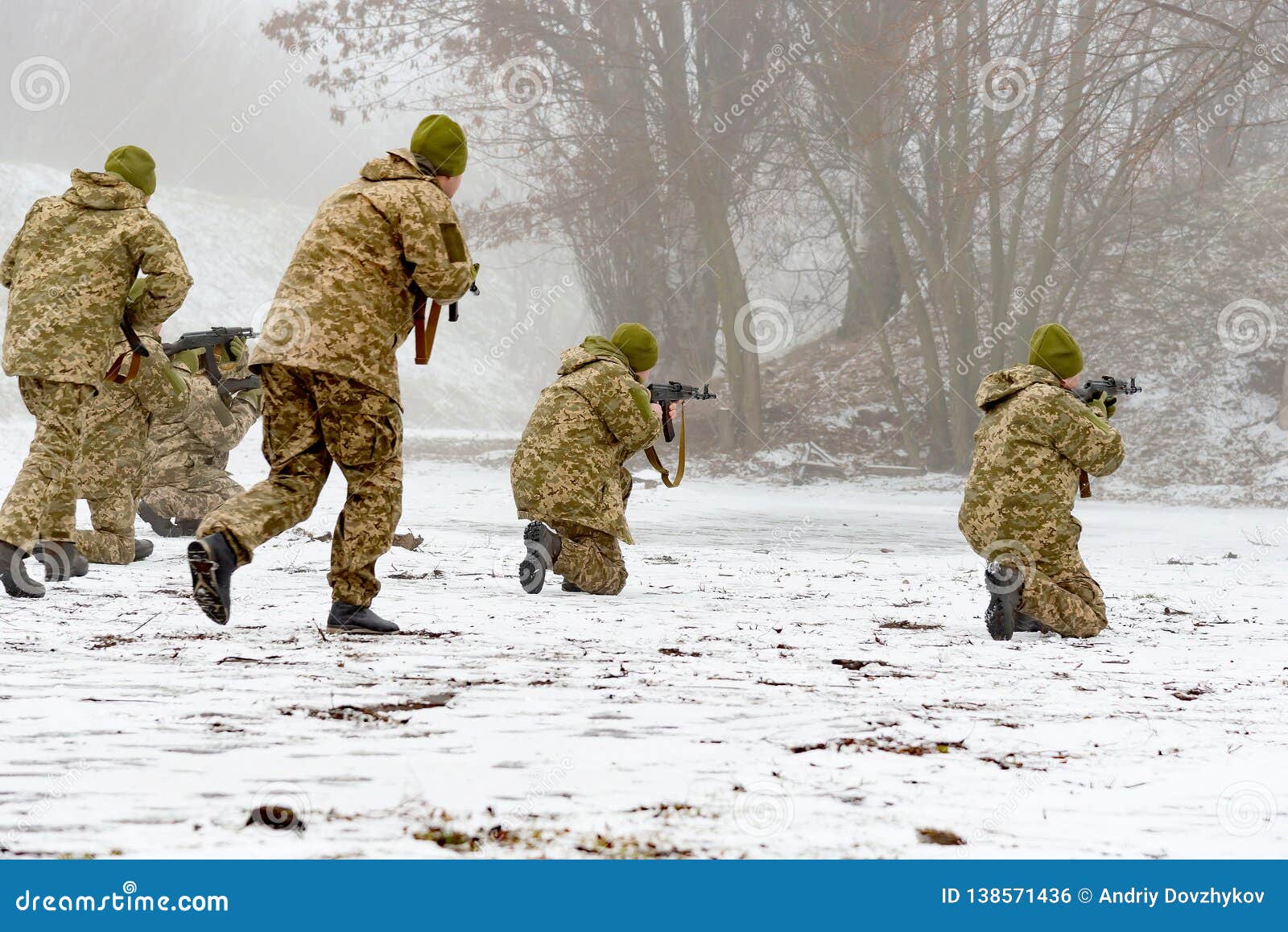 The Military in Camouflage Go on the Attack on the Enemy with ...