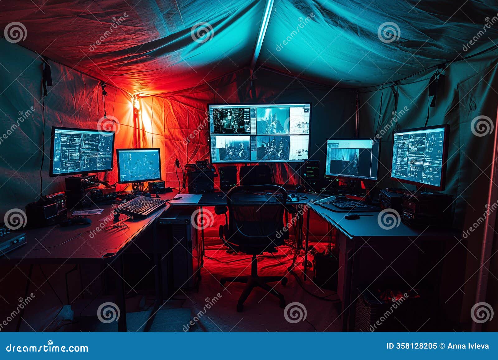 Military Command Center in a Tent with Monitors and Equipment for ...