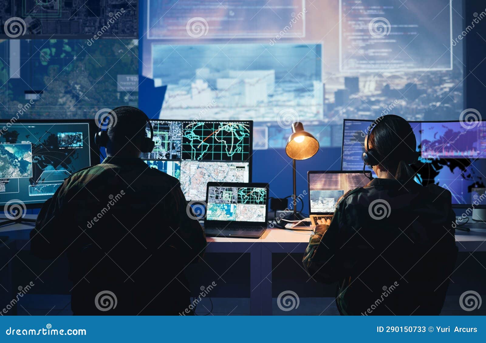 Military Control Room, Computer Screen and Team with Surveillance ...