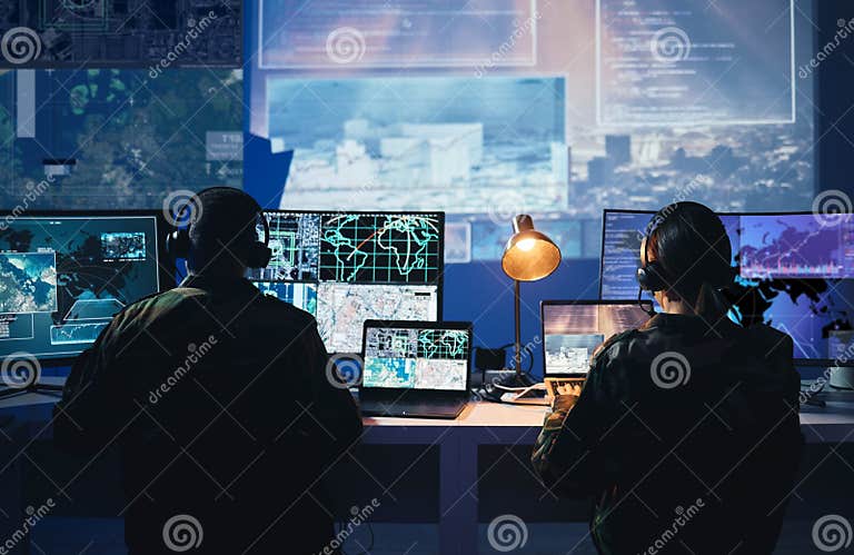 Military Control Room, Computer Screen and Team with Surveillance ...