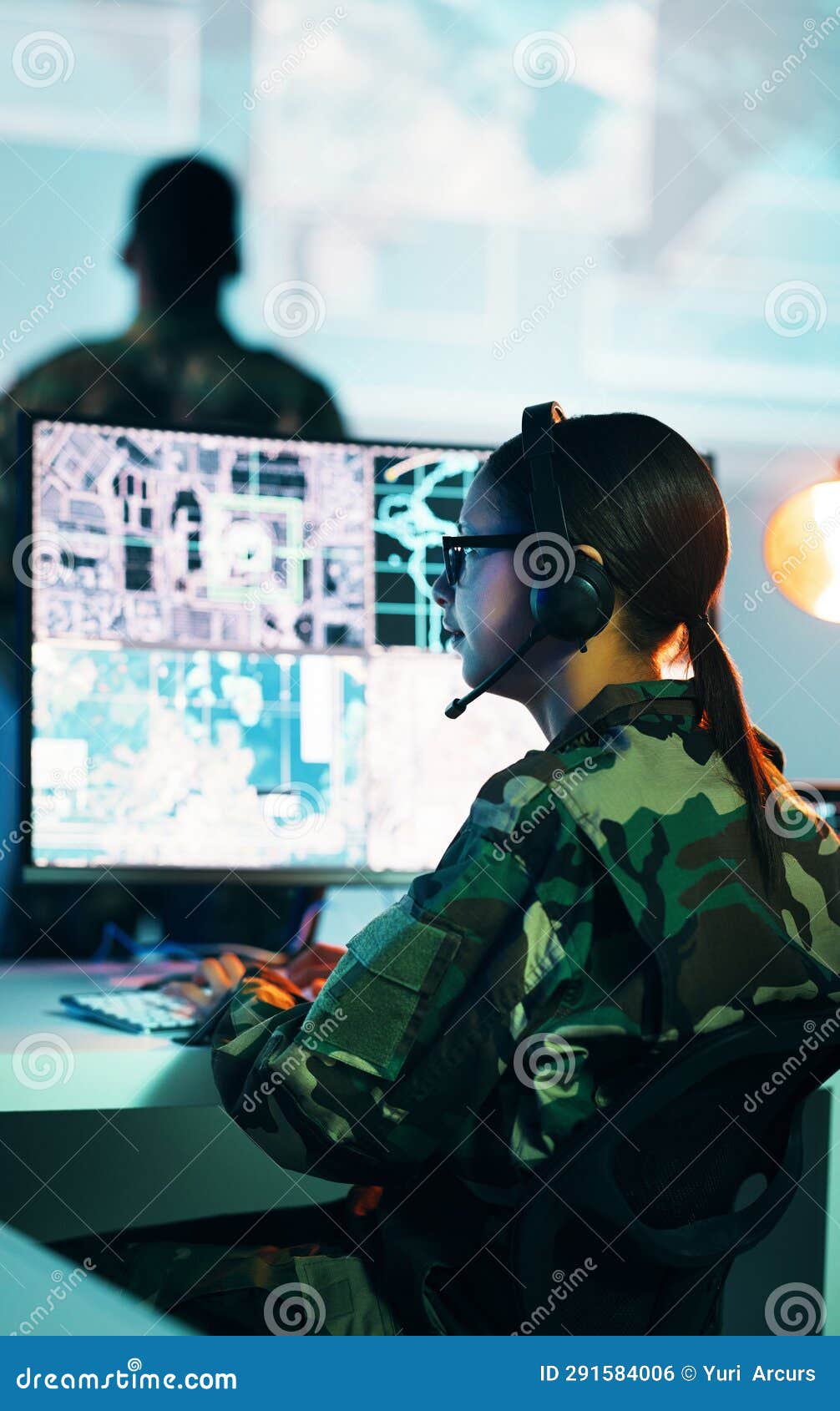 Military Control Room, Computer Screen and Woman in Surveillance ...