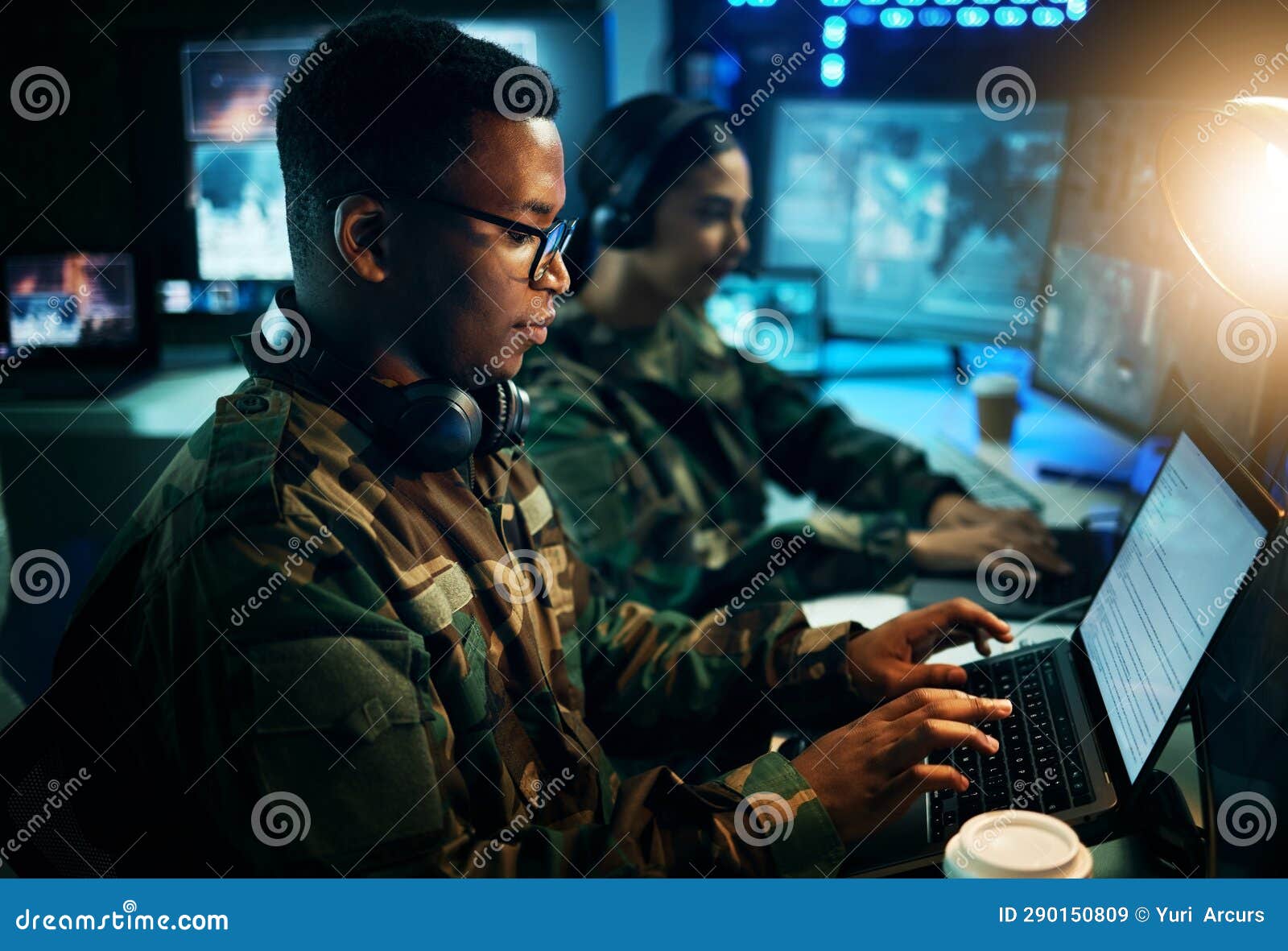 Military Control Room, Computer and Soldier at Desk, Typing Code and ...