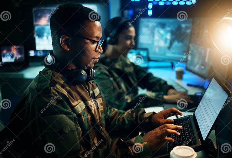 Military Control Room, Computer and Soldier at Desk, Typing Code and ...