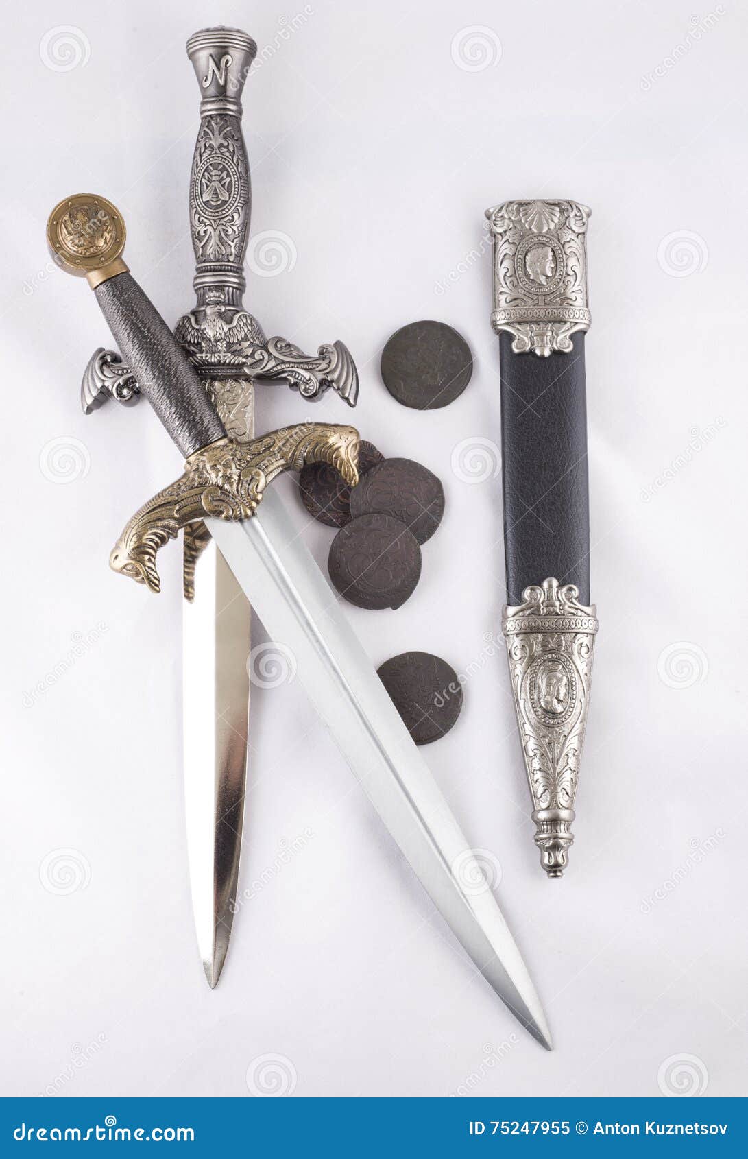 Military Daggers and Coins on White Background Stock Image - Image of ...