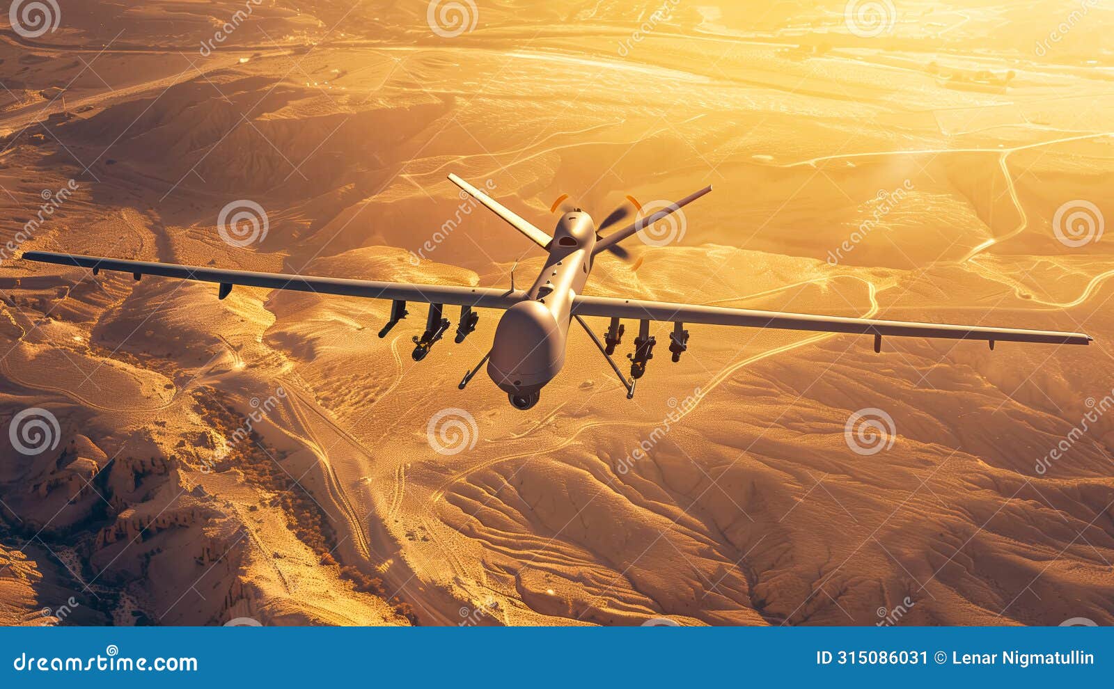 Military Drone Flying Over Desert at Sunset Stock Image - Image of ...