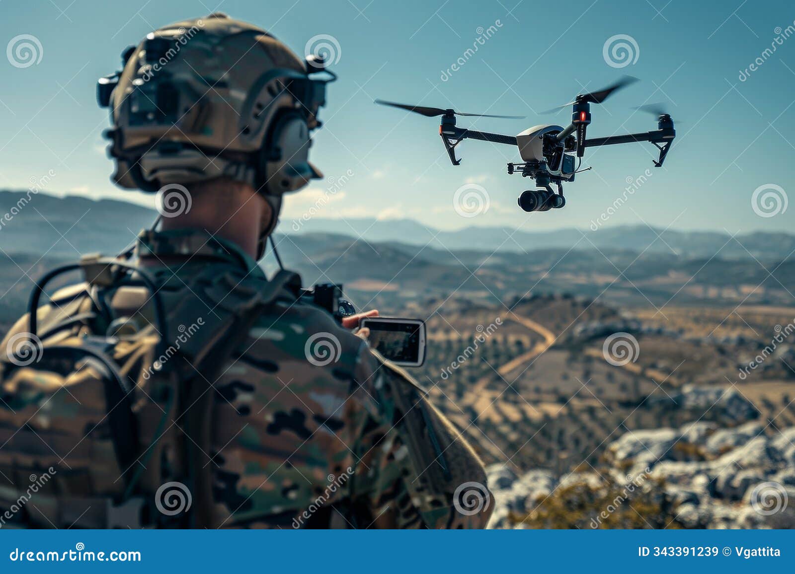 Military Drone Operator with Remote Control and Headset Overlooking ...