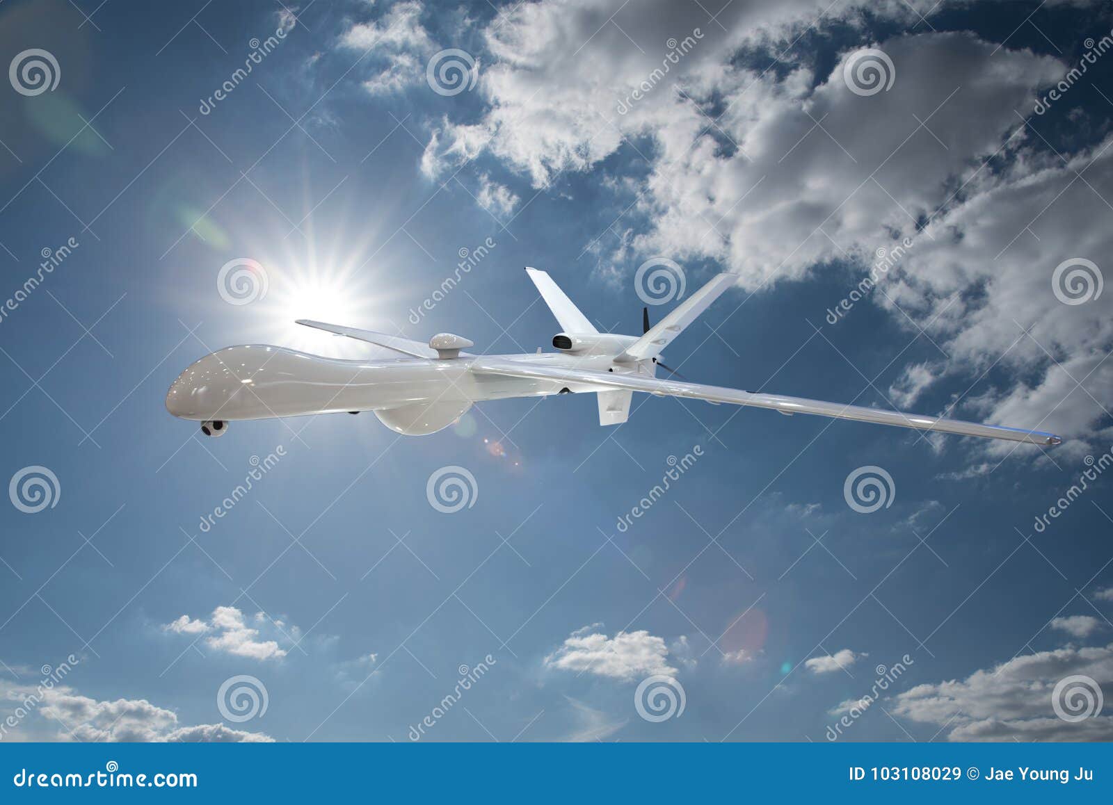 Military Drone Uav Flying At Sunset, The Sun Rays From The Clouds ...