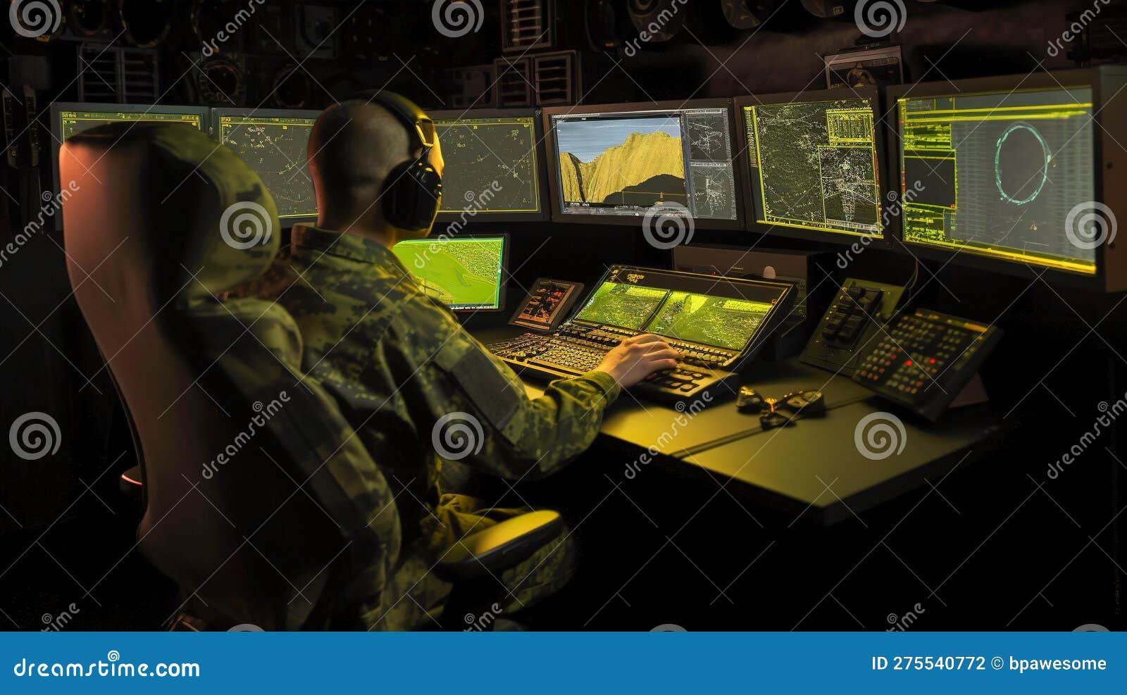 Military Drone or UAV Control - Soldier Operating a Drone with Multiple ...