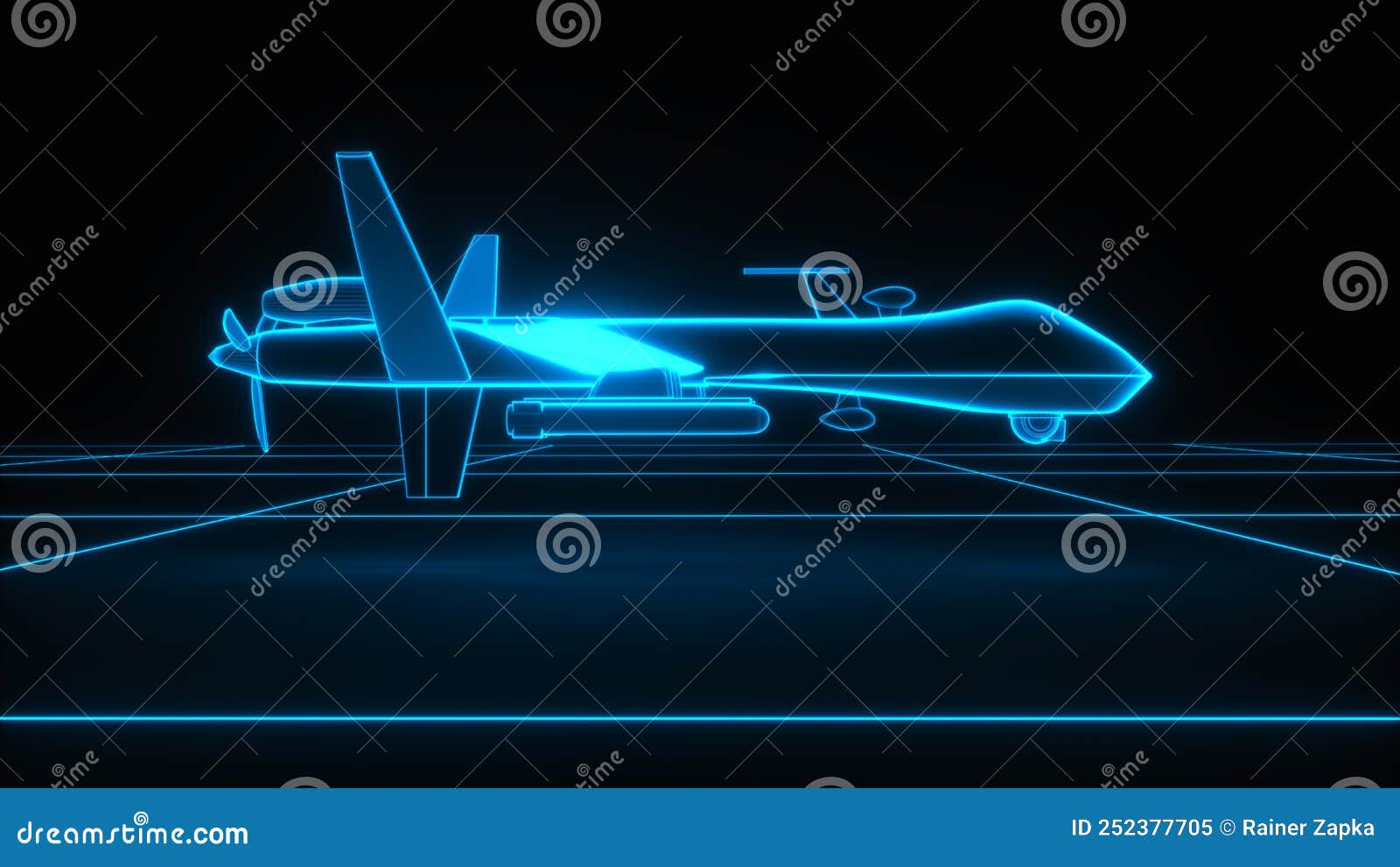 Military Drone Wireframe Glowing Blue 3d Rendering Stock Illustration ...
