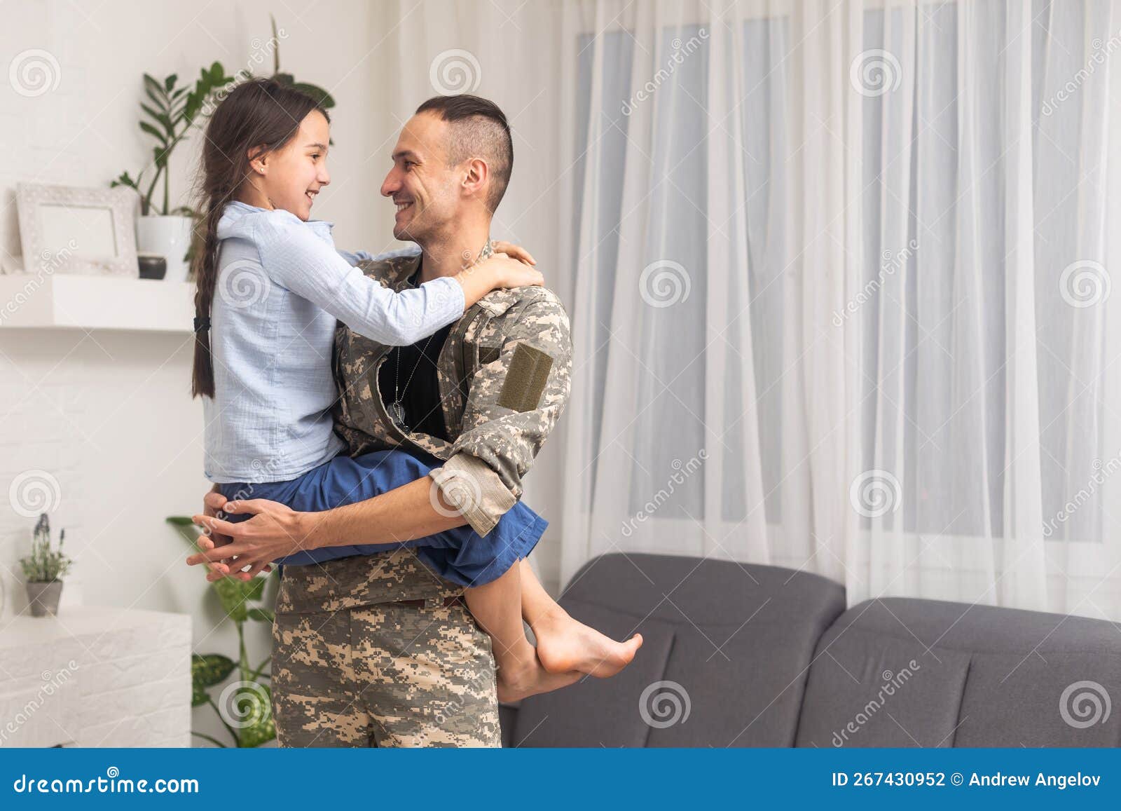 Military Father Hugging His Daughter. Stock Photo - Image of indoors ...