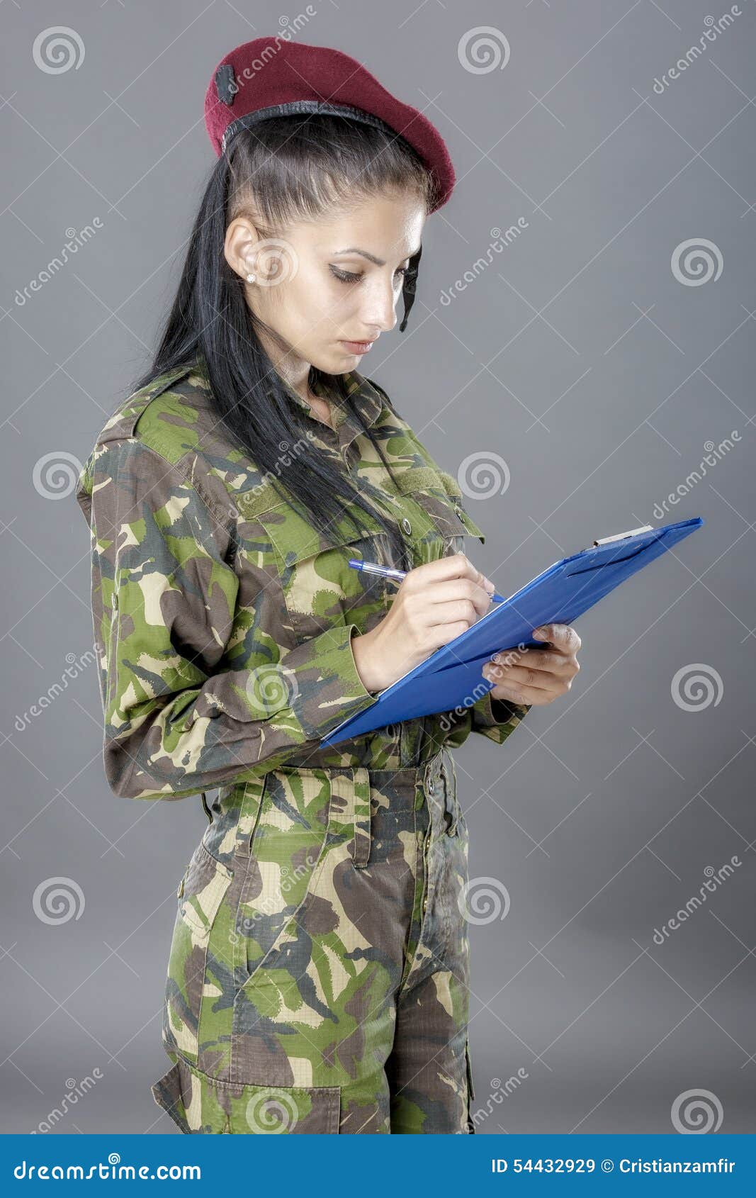 Military Female. Army Forces. Woman Military Outfit Hold Weapon ...
