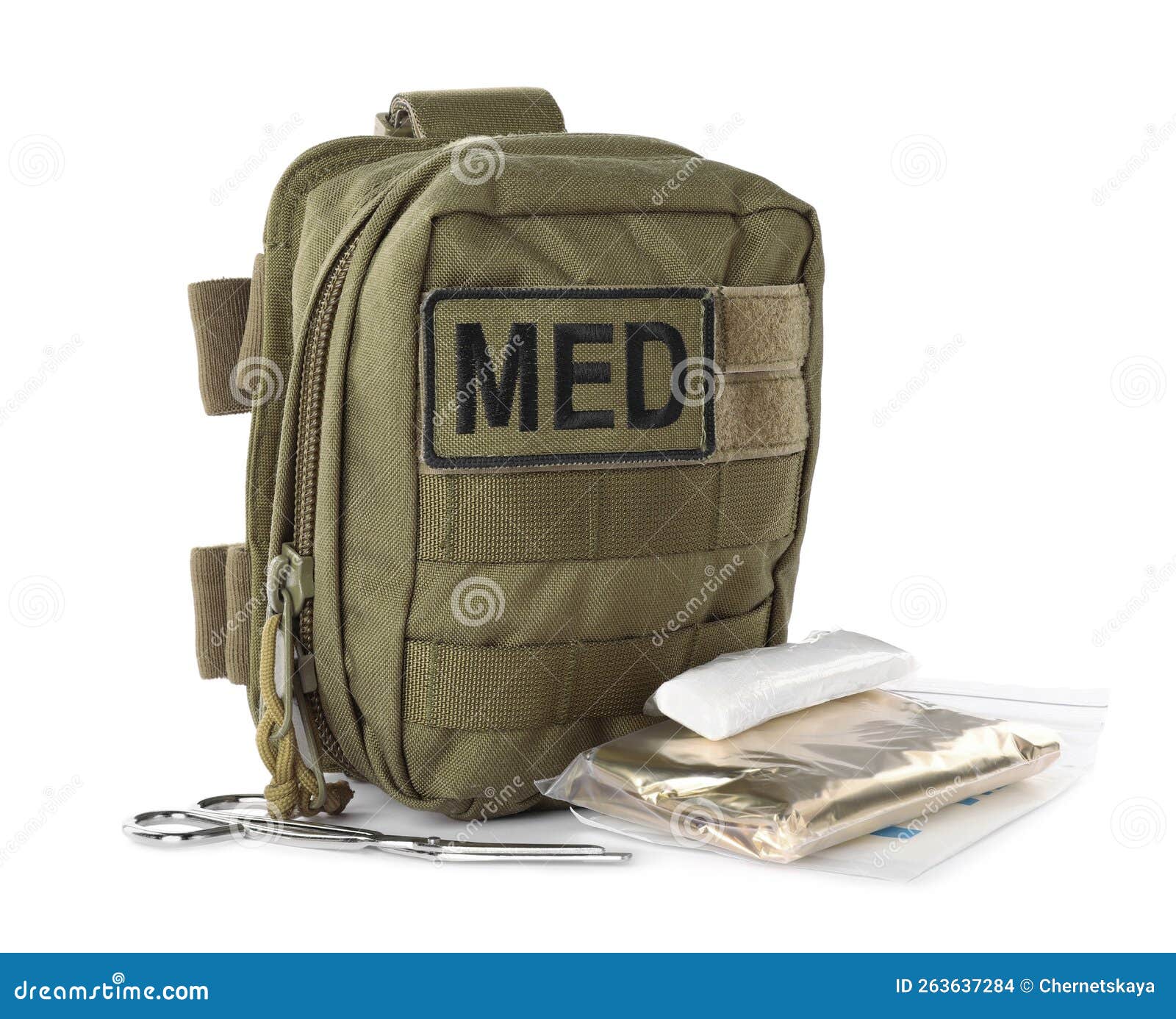 Military First Aid Kit with Items Isolated on White Stock Photo - Image ...