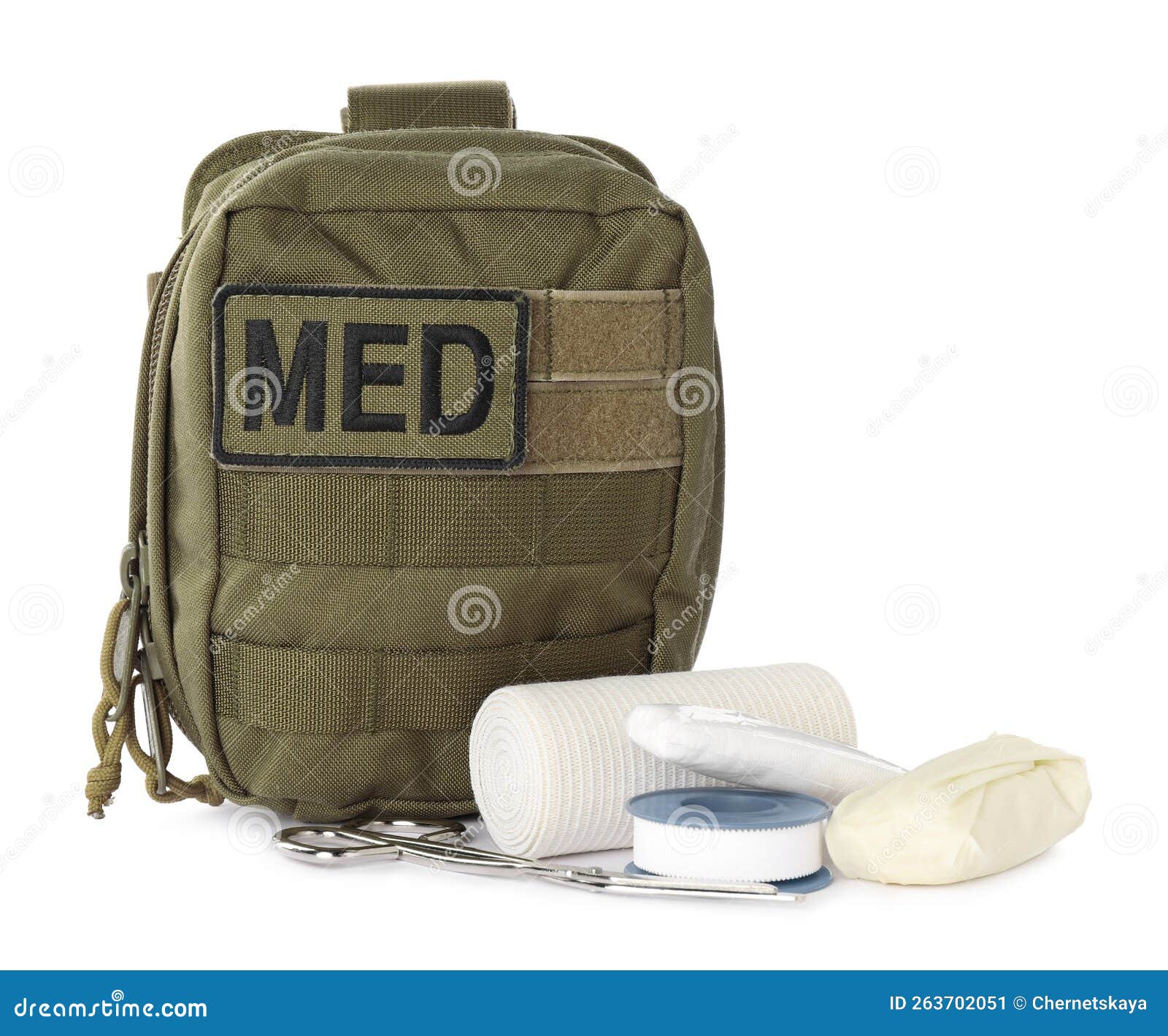 Military First Aid Kit with Items Isolated on White Stock Image - Image ...