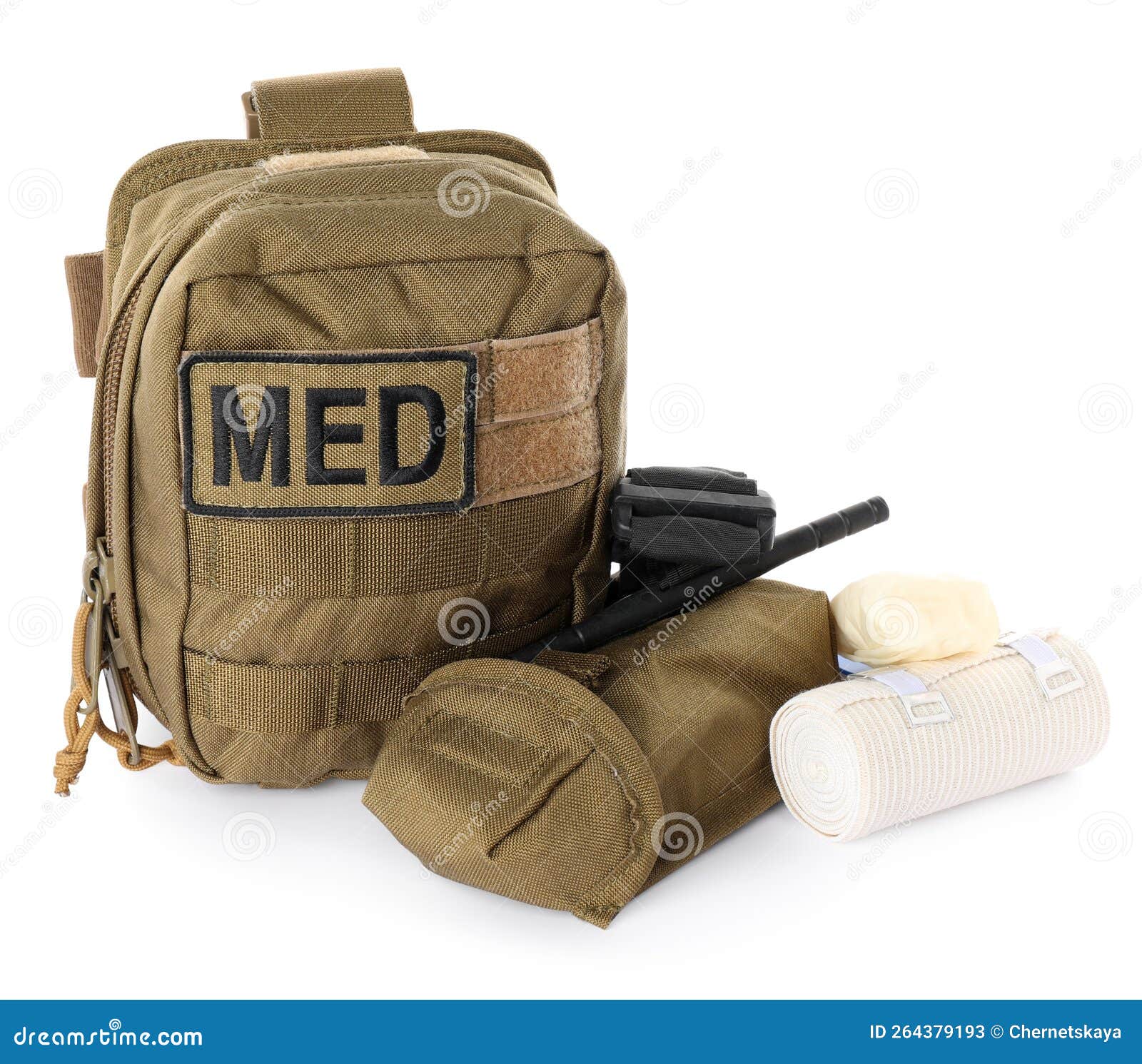 Military First Aid Kit with Items Isolated on White Stock Image - Image ...