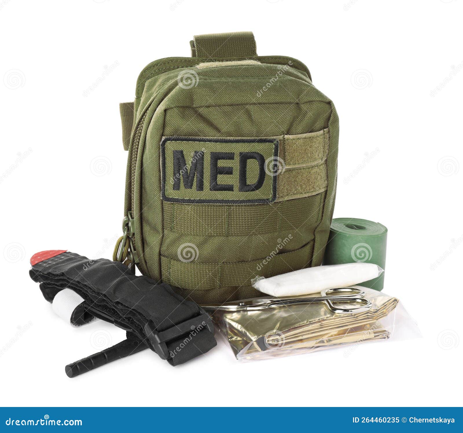 Military First Aid Kit with Items Isolated on White Stock Image - Image ...