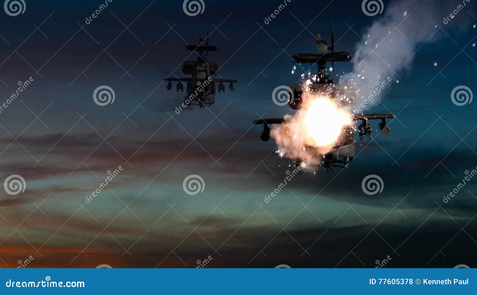 Military Gunships Being Hit by Missile and Exploding Stock Illustration ...