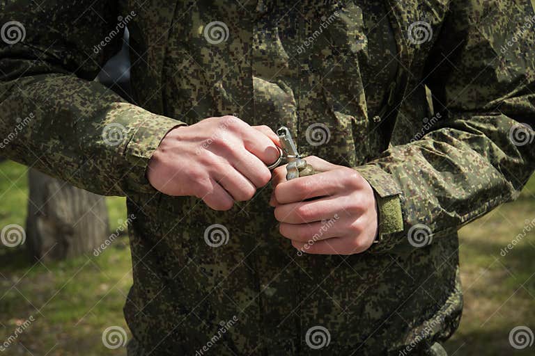 Military Hand Grenade Throwing, Pulling. Self-explosion Stock Image ...