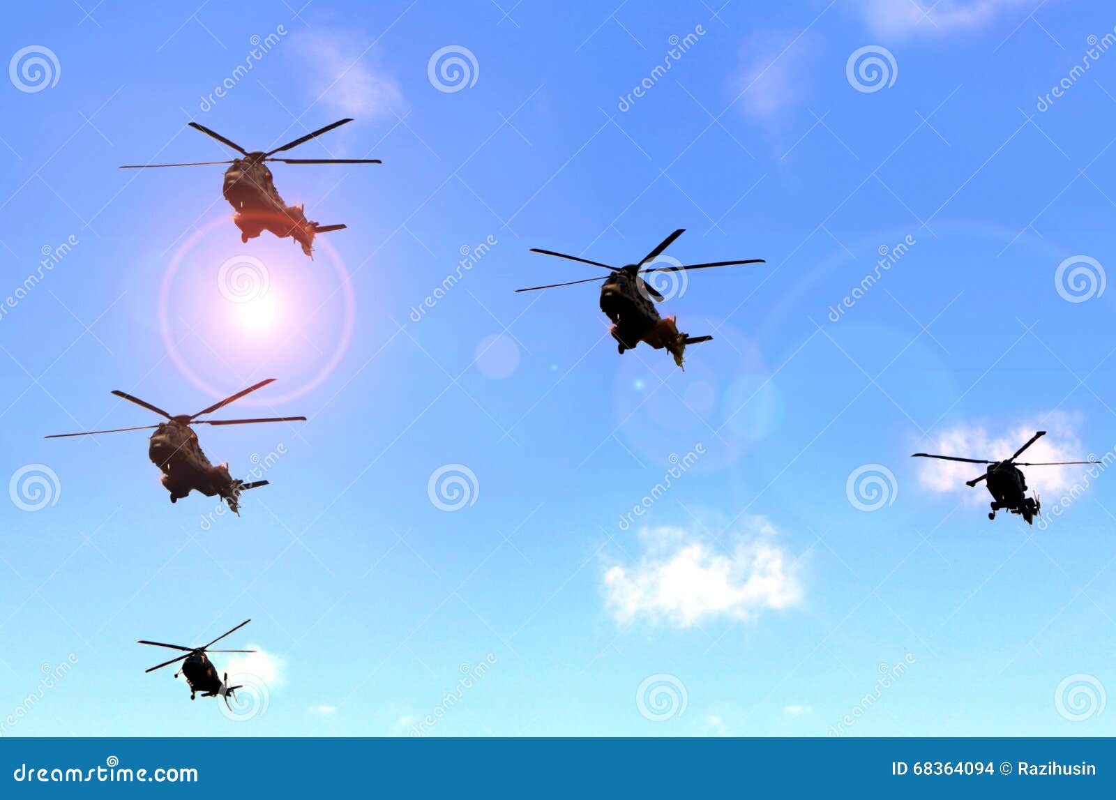 Military Helicopter Parade Under Blue Sky Stock Photo - Image of group ...