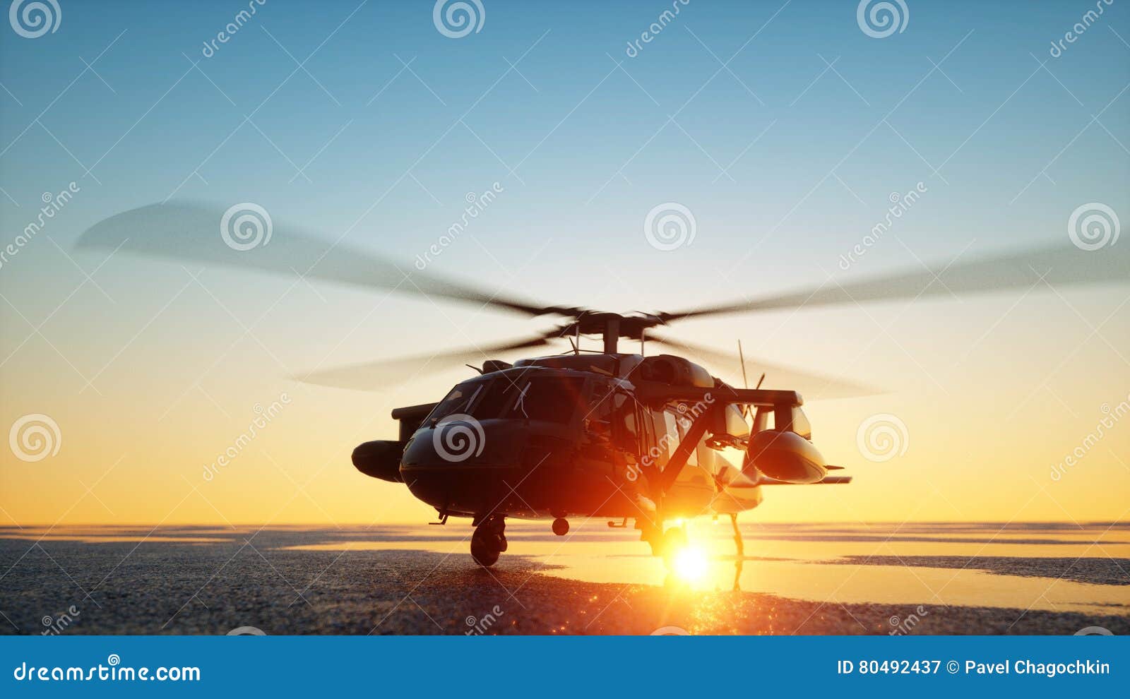 Military Helicopter UH-60 Black Hawk, Wonderfull Sunset. 3d Rendering ...