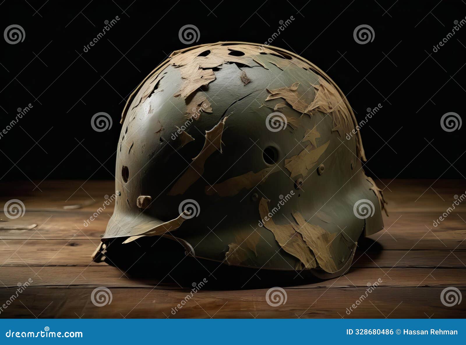 A Military Helmet with a Camouflage Pattern on a Wooden Surface Stock ...