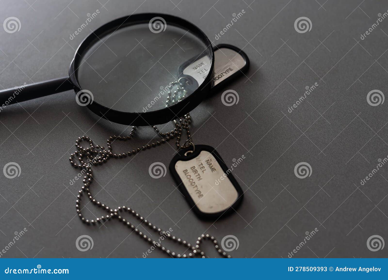 Military ID Tags Magnifying Glass Stock Image - Image of dangle, label ...