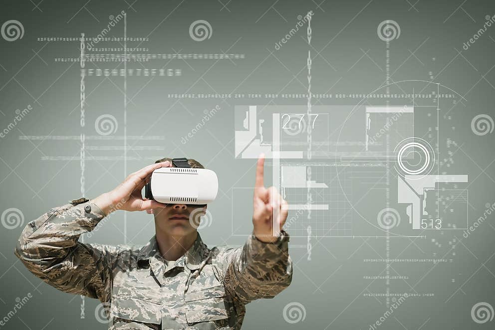 Military Man in VR Headset Touching Interface Against Green Background ...