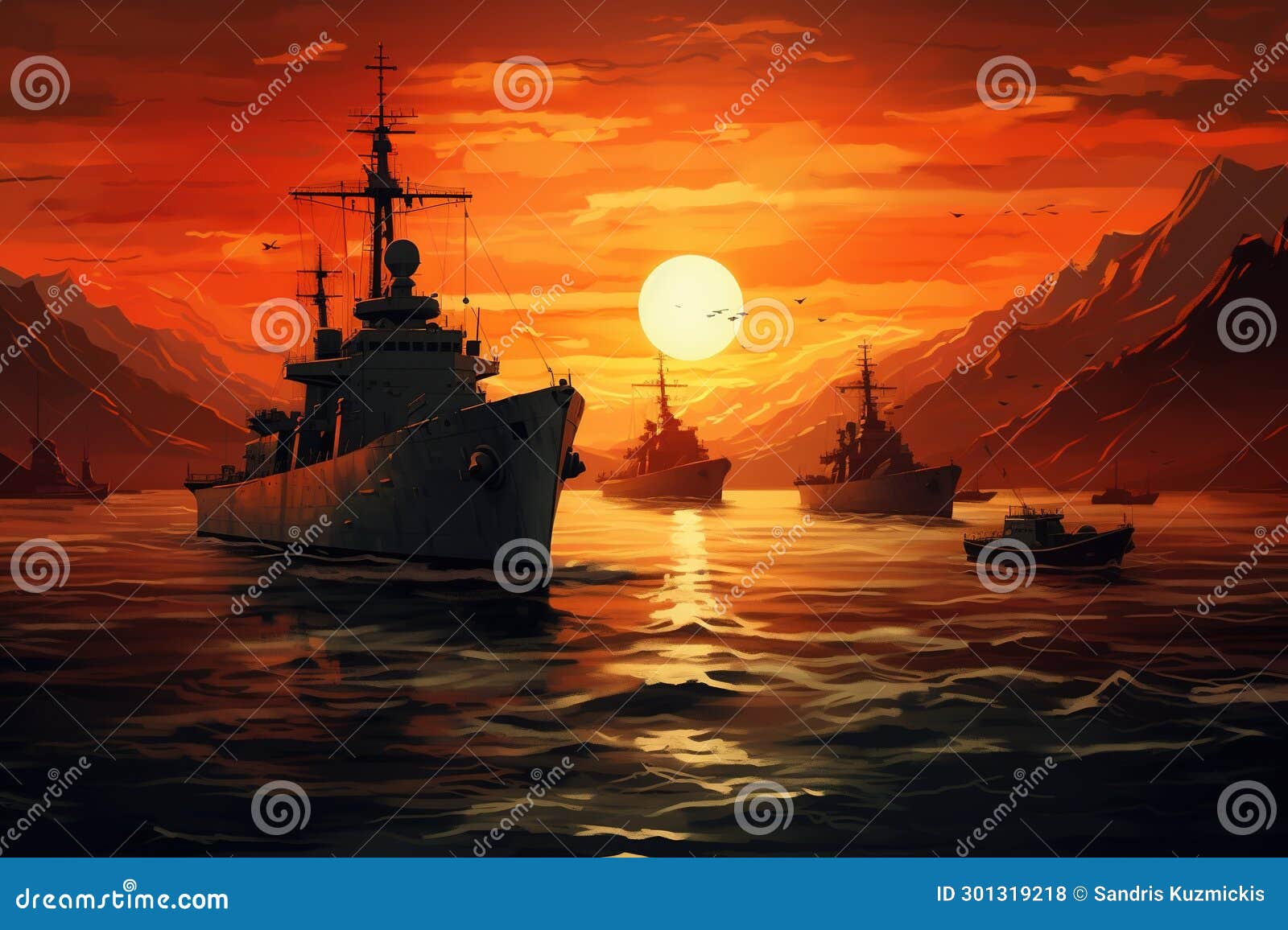 Military Navy Ships in a Sea at Sunset. Generative AI Stock ...