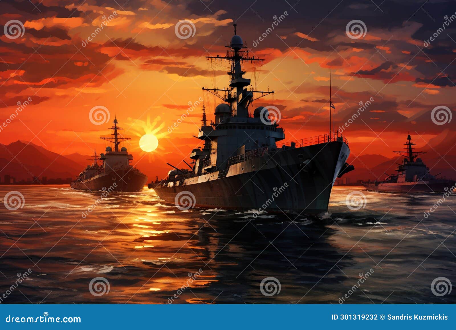 Military Navy Ships in a Sea at Sunset. Generative AI Stock ...