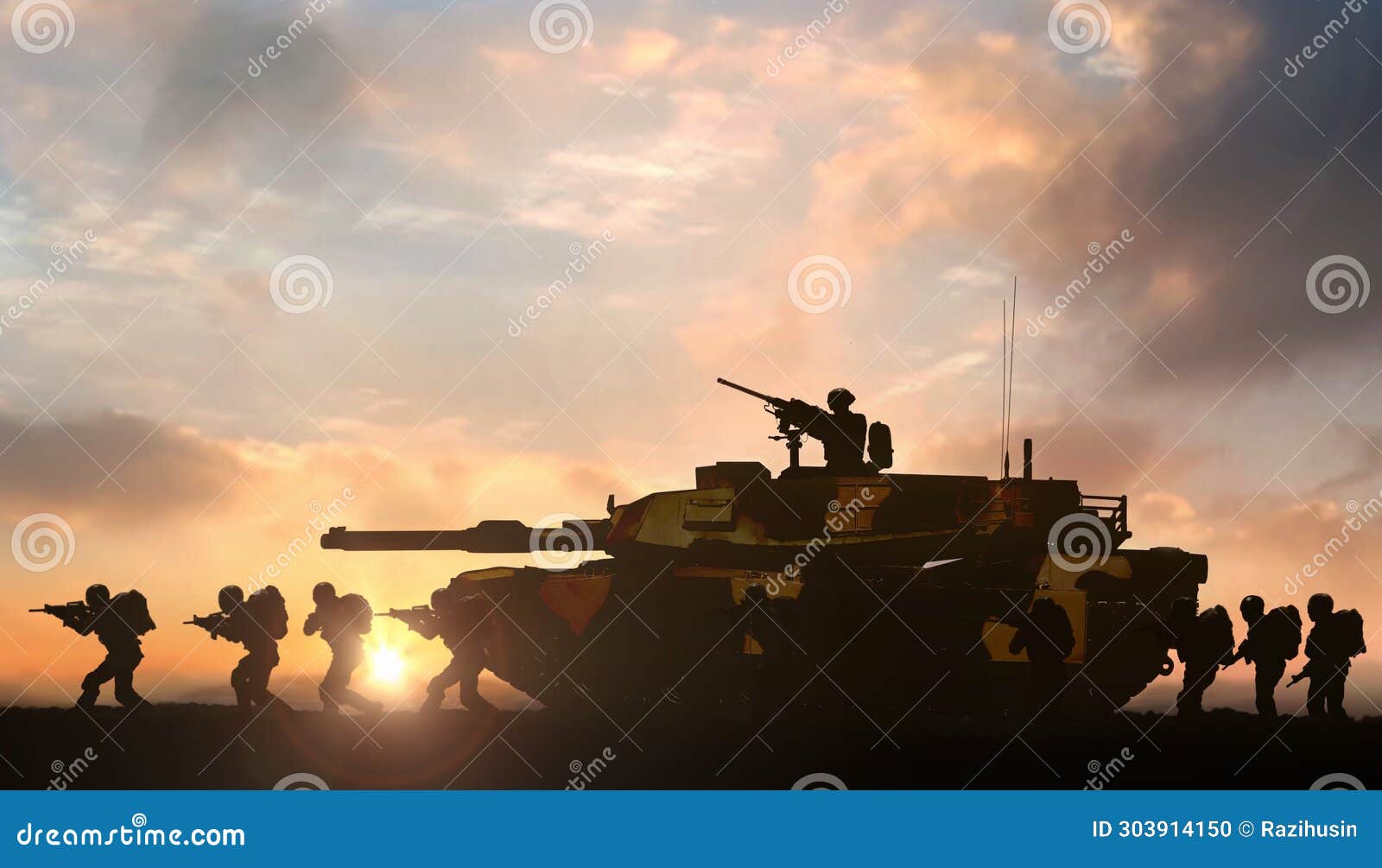 Military Operation with Tank Support on Battlefield at Sunset Stock ...