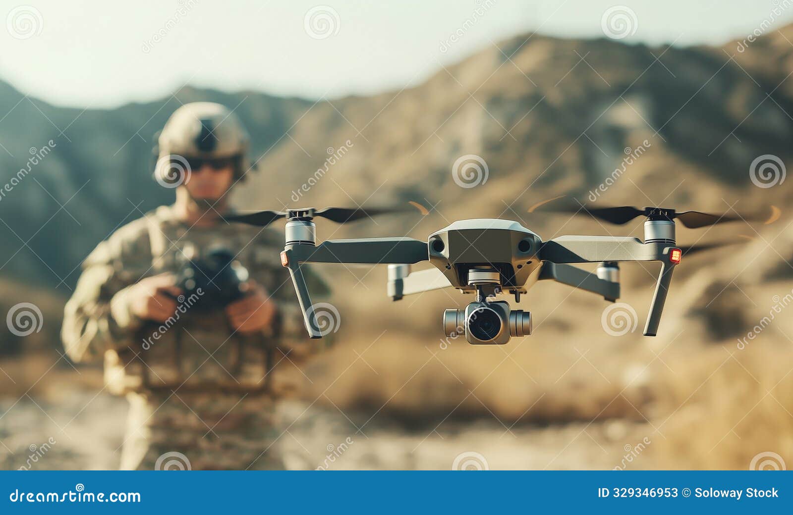 Military Operator in Camouflage Uniform and Helmet Controlling Drone ...