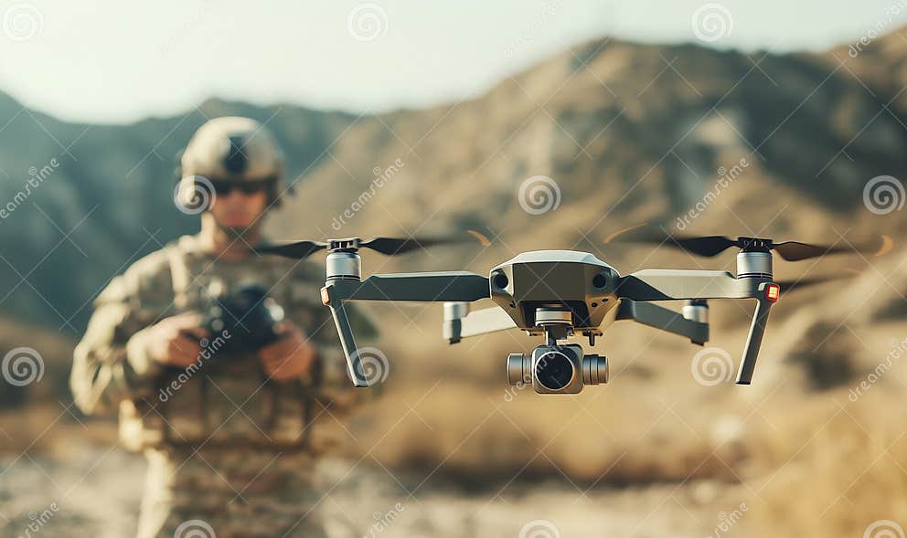 Military Operator in Camouflage Uniform and Helmet Controlling Drone ...