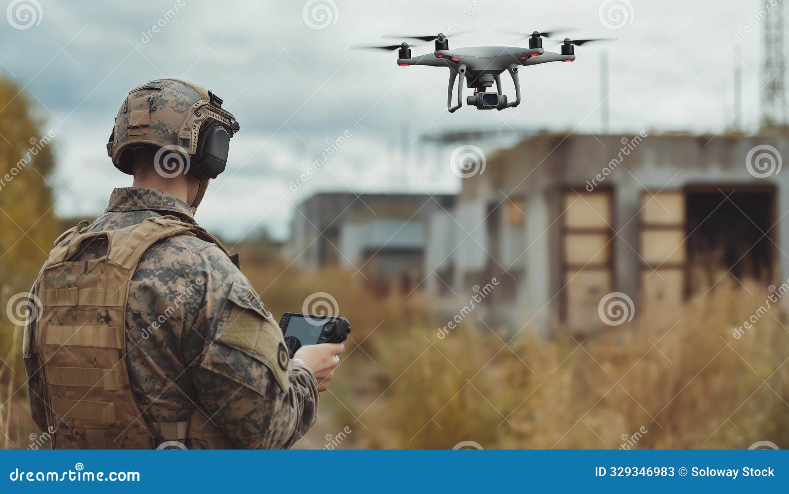 Military Operator in Camouflage Uniform and Helmet Controlling Drone ...