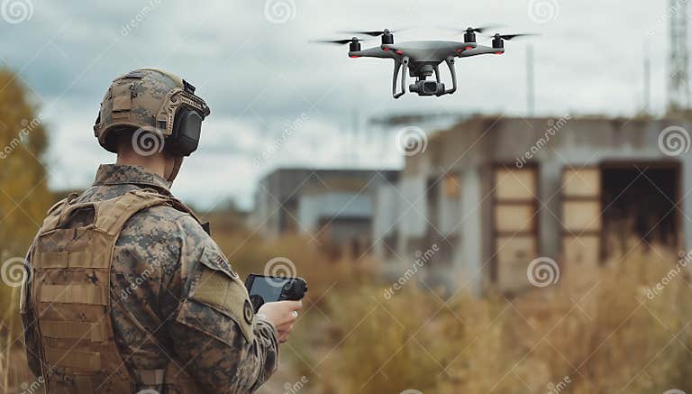 Military Operator in Camouflage Uniform and Helmet Controlling Drone ...