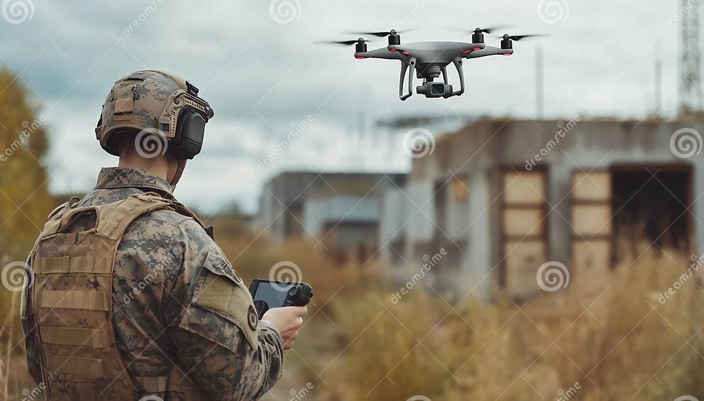 Military Operator in Camouflage Uniform and Helmet Controlling Drone ...