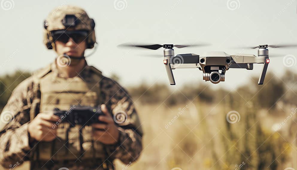 Military Operator in Camouflage Uniform and Helmet Controlling Drone ...