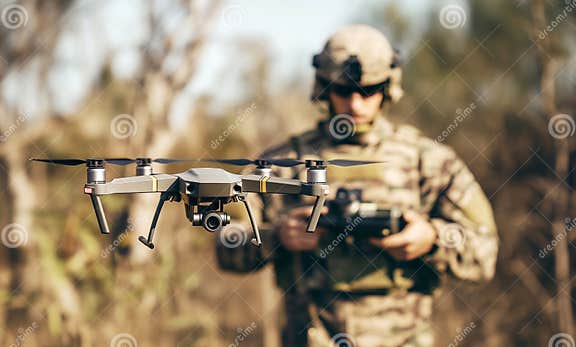 Military Operator in Camouflage Uniform and Helmet Controlling Drone ...