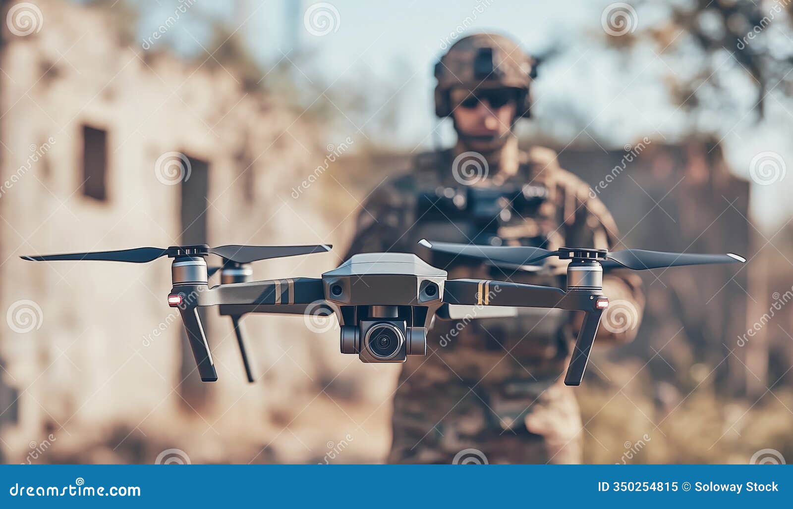 Military Operator in Camouflage Uniform and Helmet Controlling Drone ...