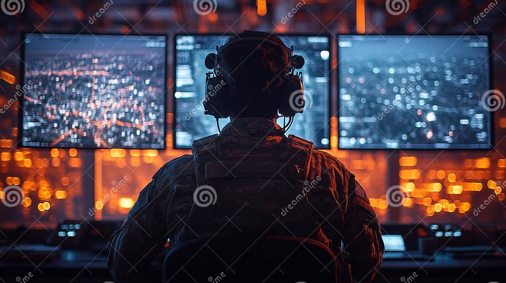 Military Operator Monitors Data from Multiple Screens during Night ...