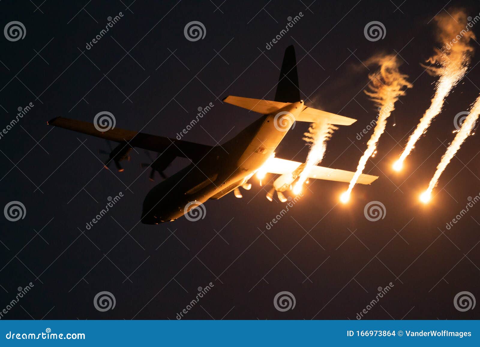 Military Plane Firing Flares during a Night Flight Stock Photo - Image ...