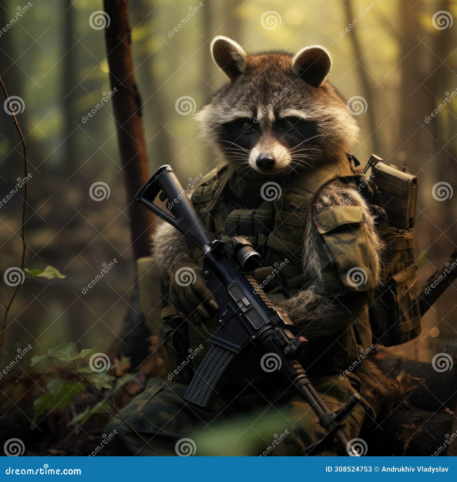 Military Raccoon in the Forest Stock Illustration - Illustration of ...