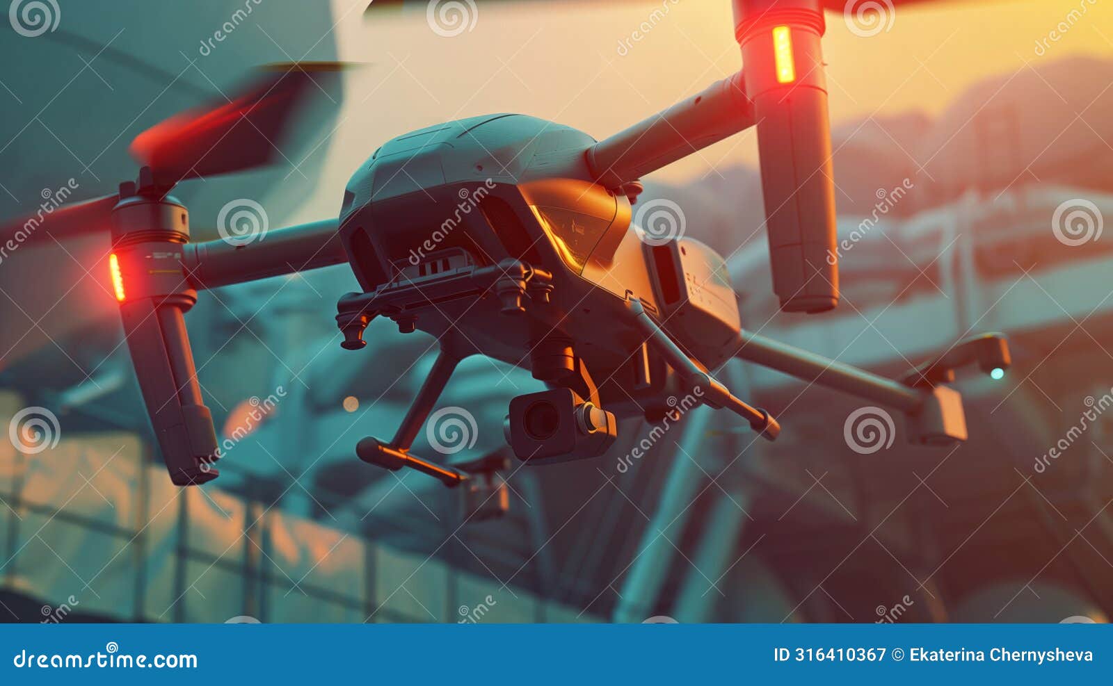A Military Reconnaissance Drone with a Camera in the Sky at Dawn. the ...