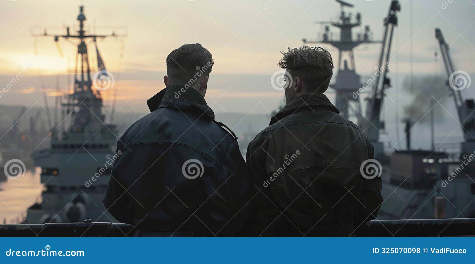 Military Sailors Stand And Look At The Ships, View From The Back. Retro ...