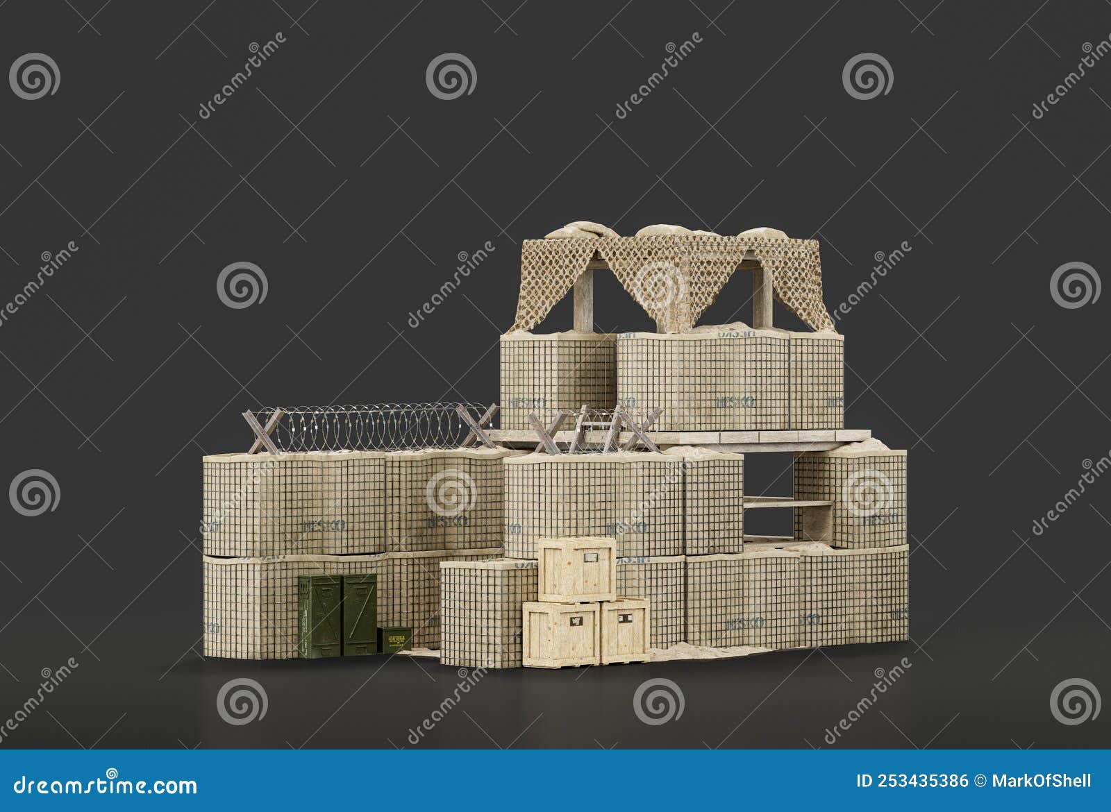 Military Sand Blocks and Military Equipment Pile, 3d Rendering Stock ...