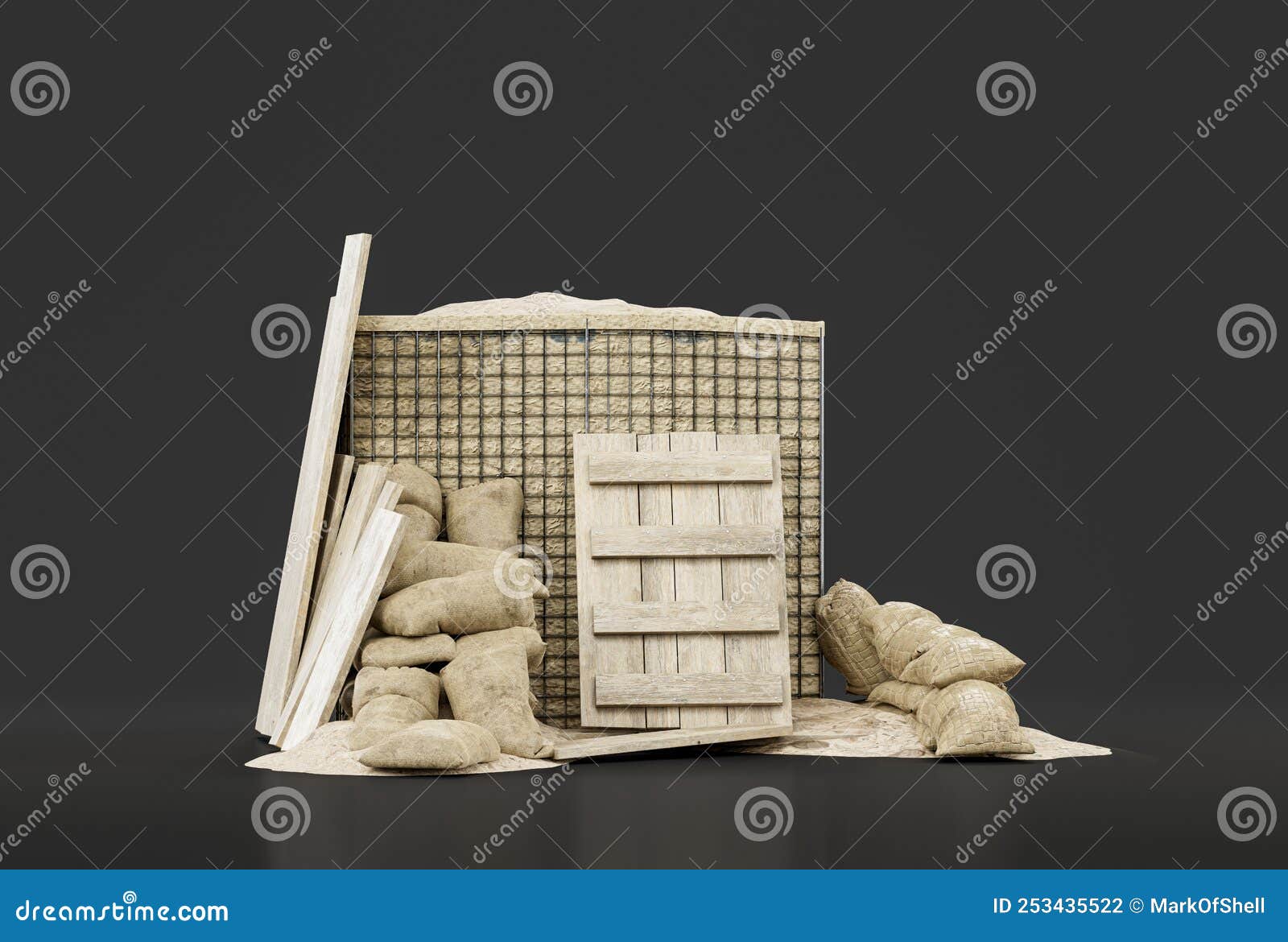 Military Sand Blocks and Military Equipment Pile, 3d Rendering Stock ...